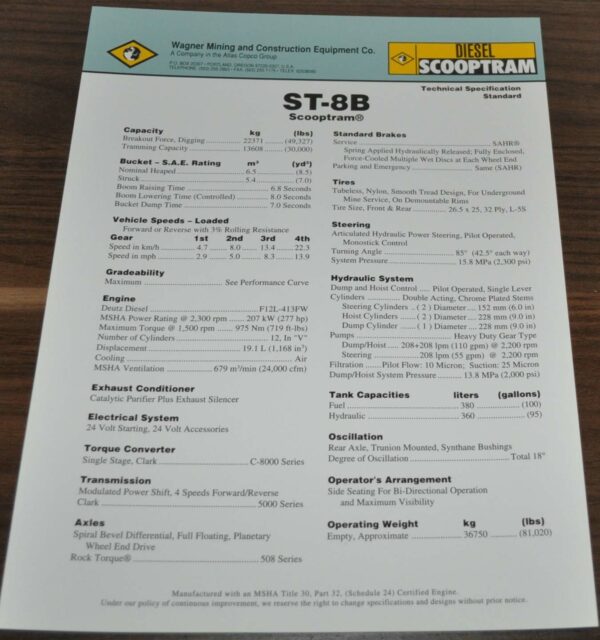 Wagner Mining ST-8B Scooptram Loader Underground Atlas Copco Brochure ...