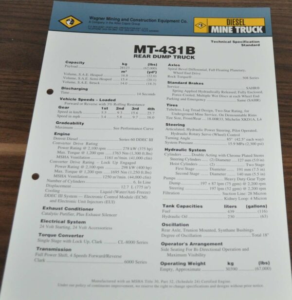 Wagner Mining MT-431B Rear Dump Truck Underground Atlas Copco Brochure ...