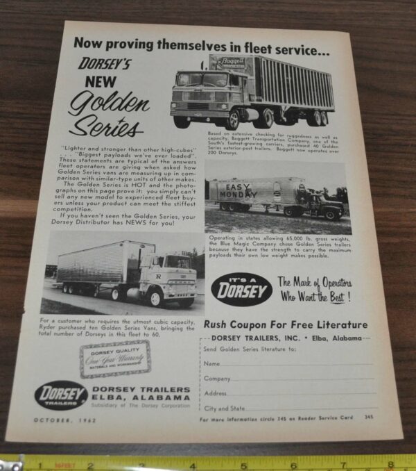 1962 Dorsey Trailer Truck Ad Ryder Ross White Washing – AUTO BROCHURE