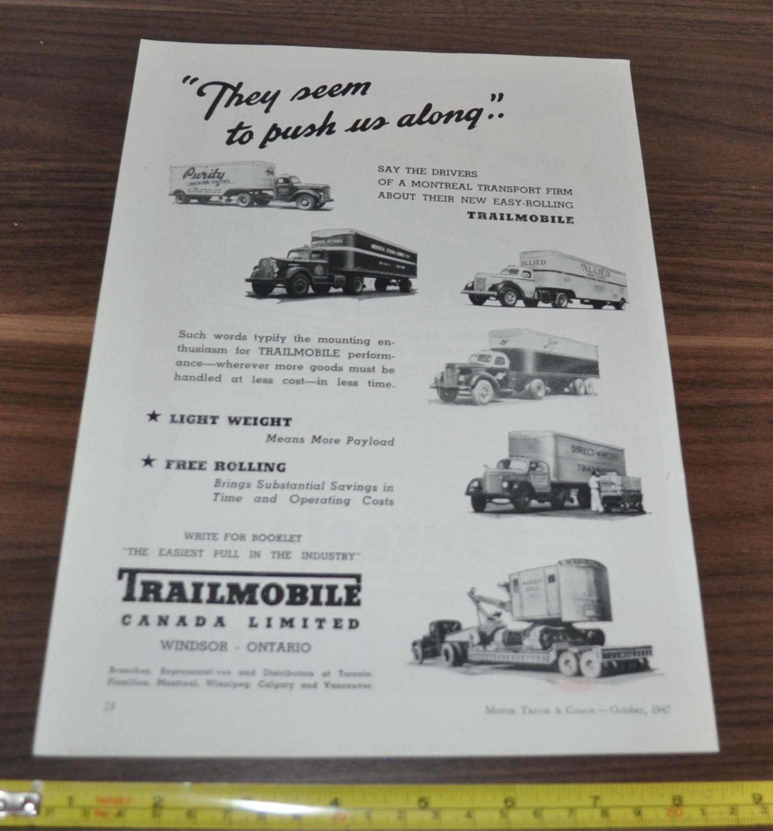 1947 Trailmobile Trailer Truck Ad Canada Ontario Automobile – AUTO BROCHURE