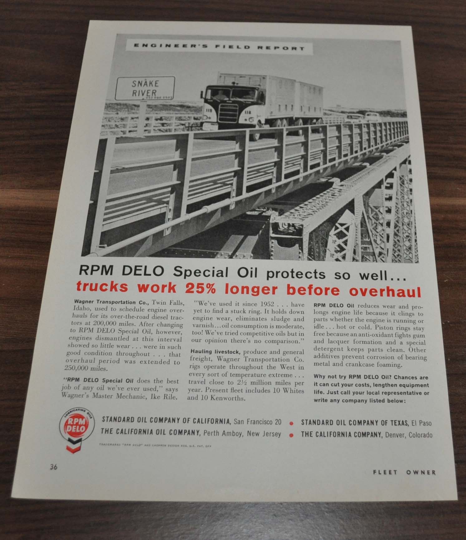 1959 Kenworth Truck Ad RPM Delo Standard Oil Snake River Firestone ...