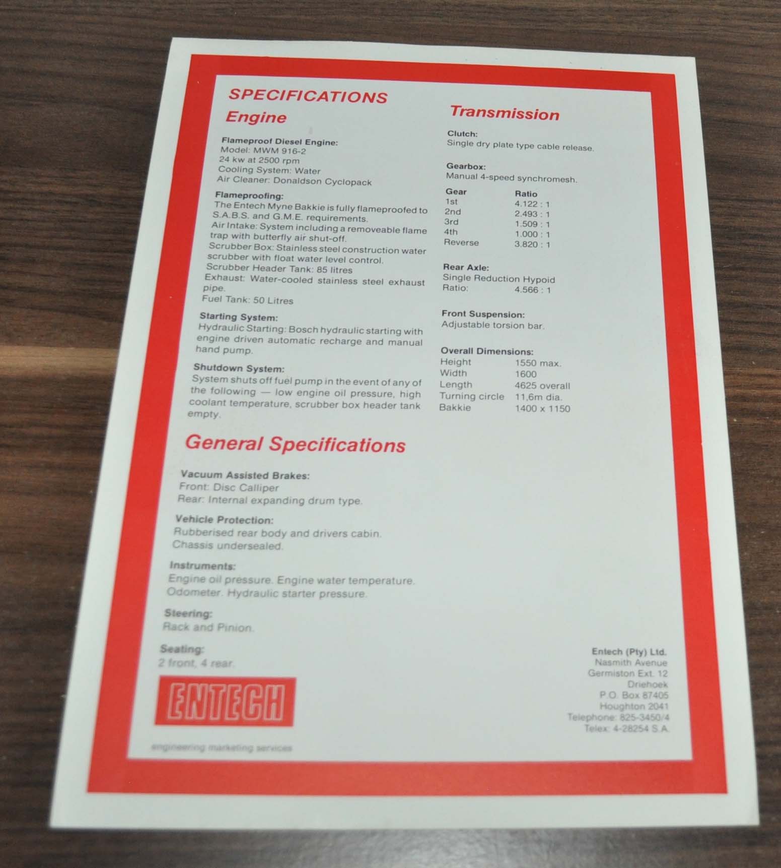 Entech Flameproof Myne Bakkie Mining Vehicles Brochure Prospekt – AUTO BROCHURE