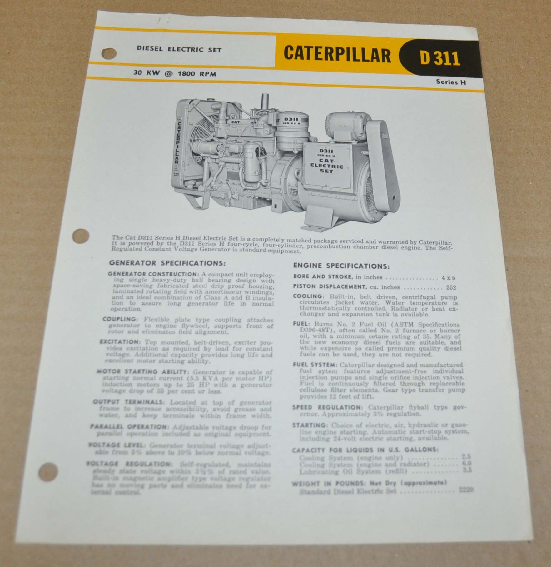 1959 Caterpillar D311 Diesel Electric Set Engine Specification Brochure ...