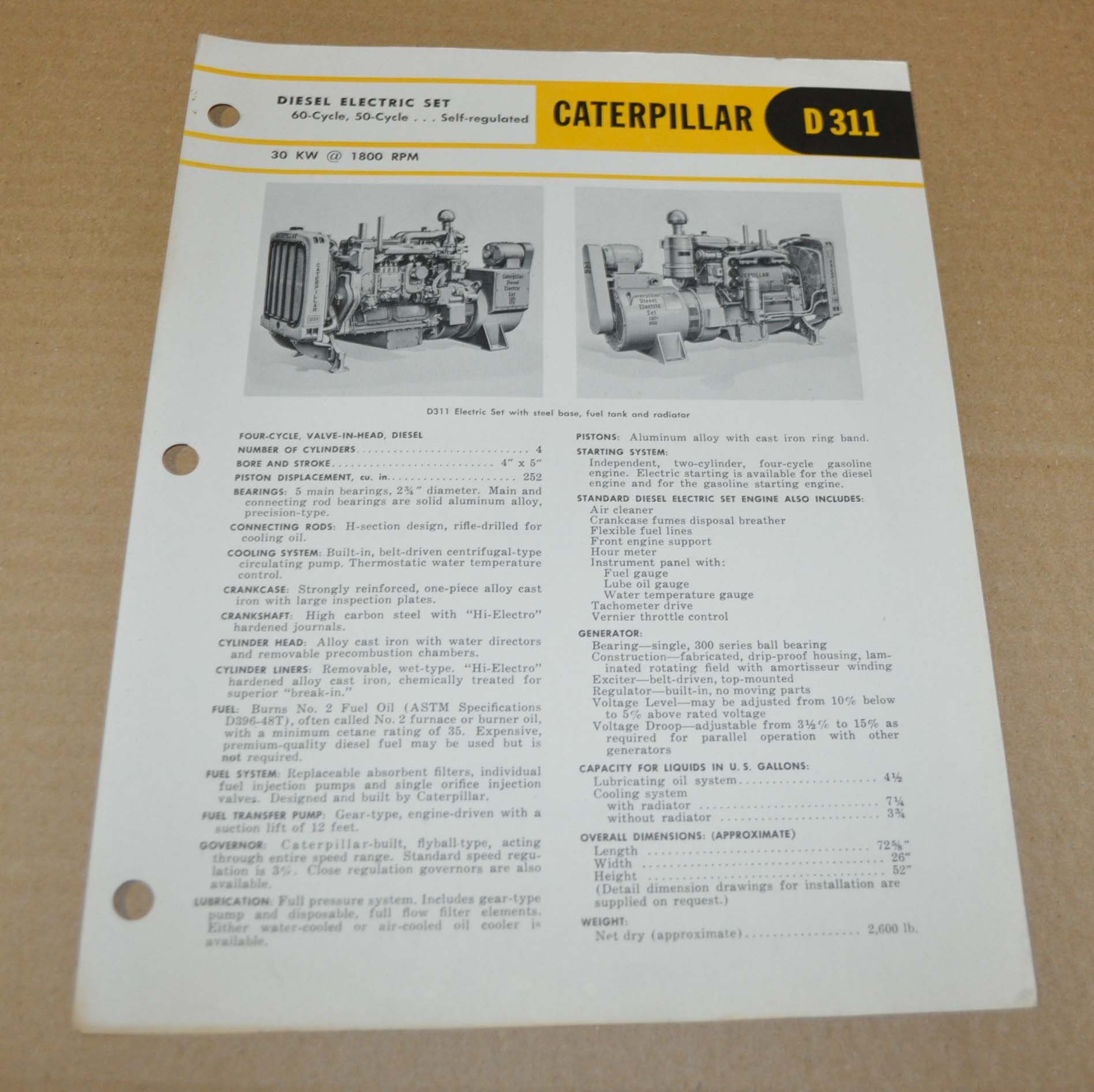 1955 Caterpillar D311 Diesel Electric Set Engine Specification Brochure Prospekt – AUTO BROCHURE