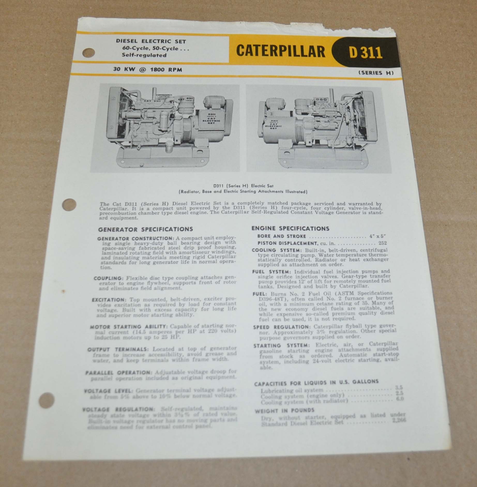 1958 Caterpillar D311 Diesel Electric Set Engine Specification Brochure ...