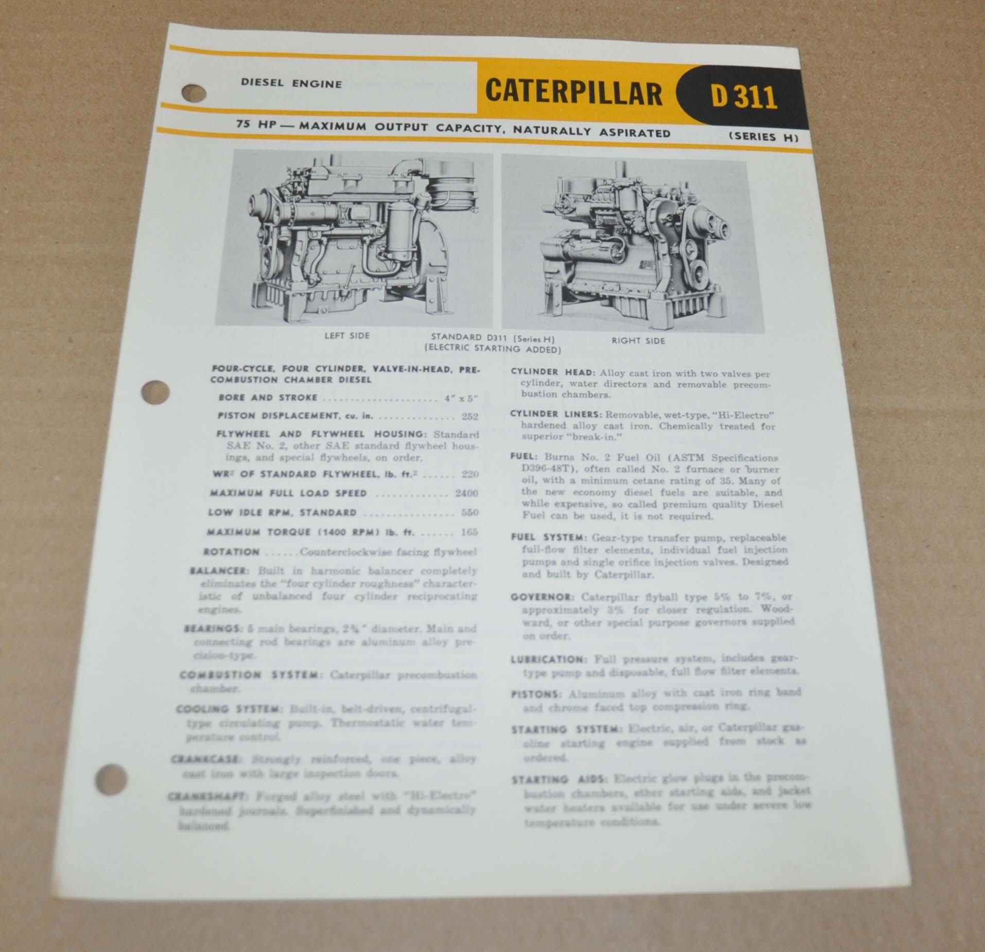 1958 Caterpillar D311 Diesel Engine Specification Brochure Prospekt ...
