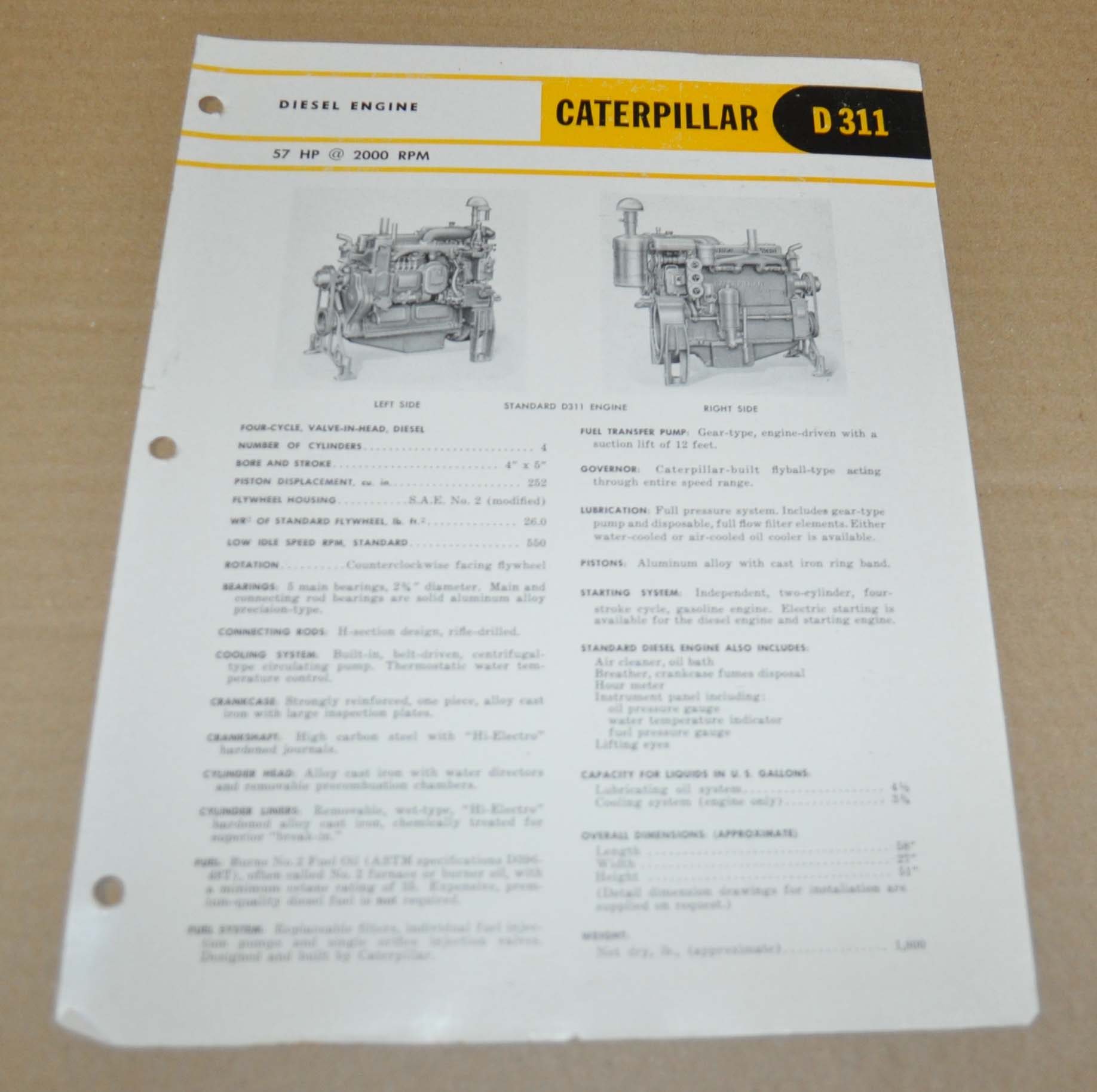 1955 Caterpillar D311 Diesel Engine Specification Brochure Prospekt ...