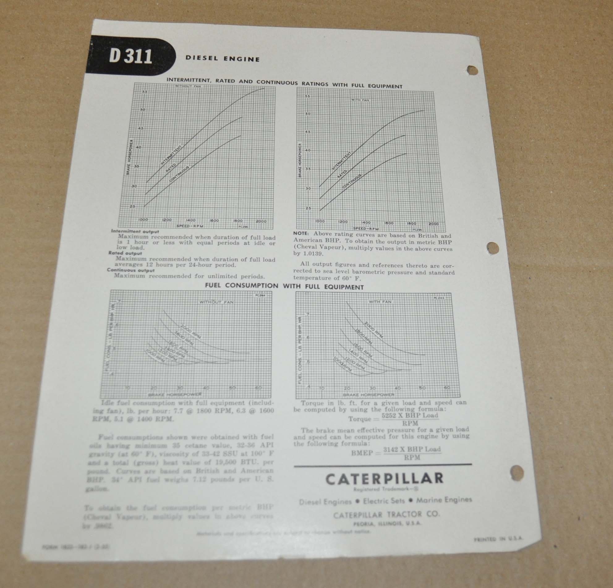 1955 Caterpillar D311 Diesel Engine Specification Brochure Prospekt ...