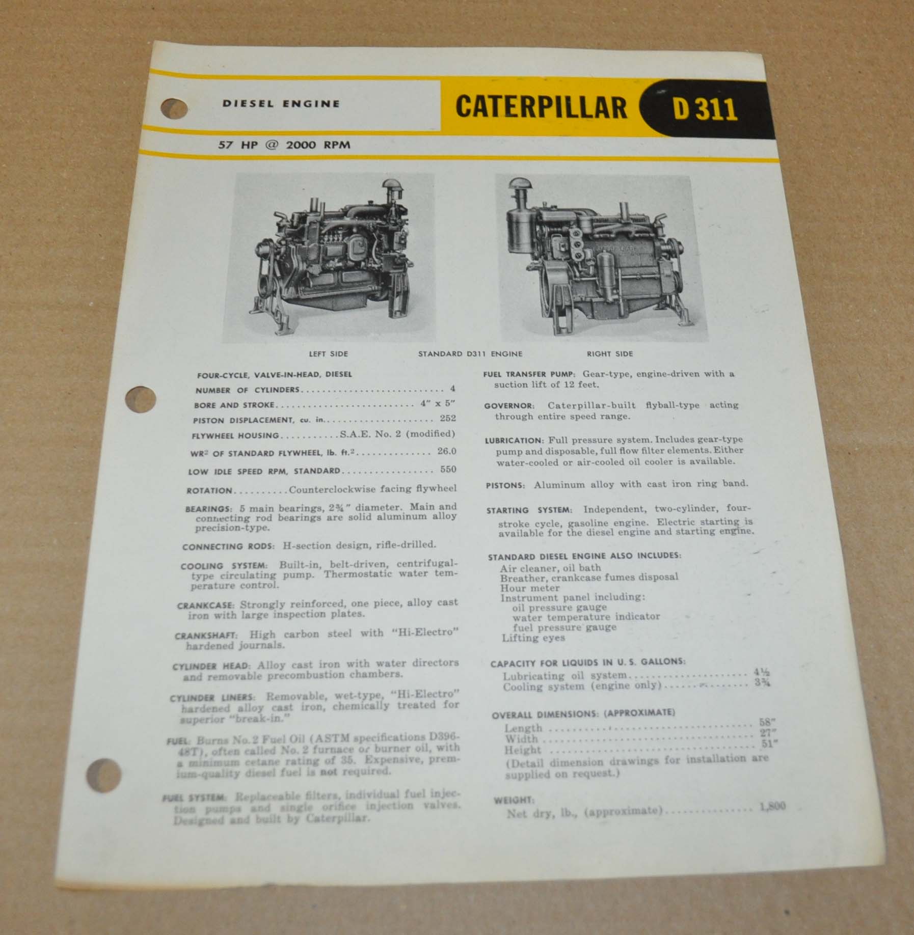 1955 Caterpillar D311 57HP Diesel Engine Specification Brochure ...