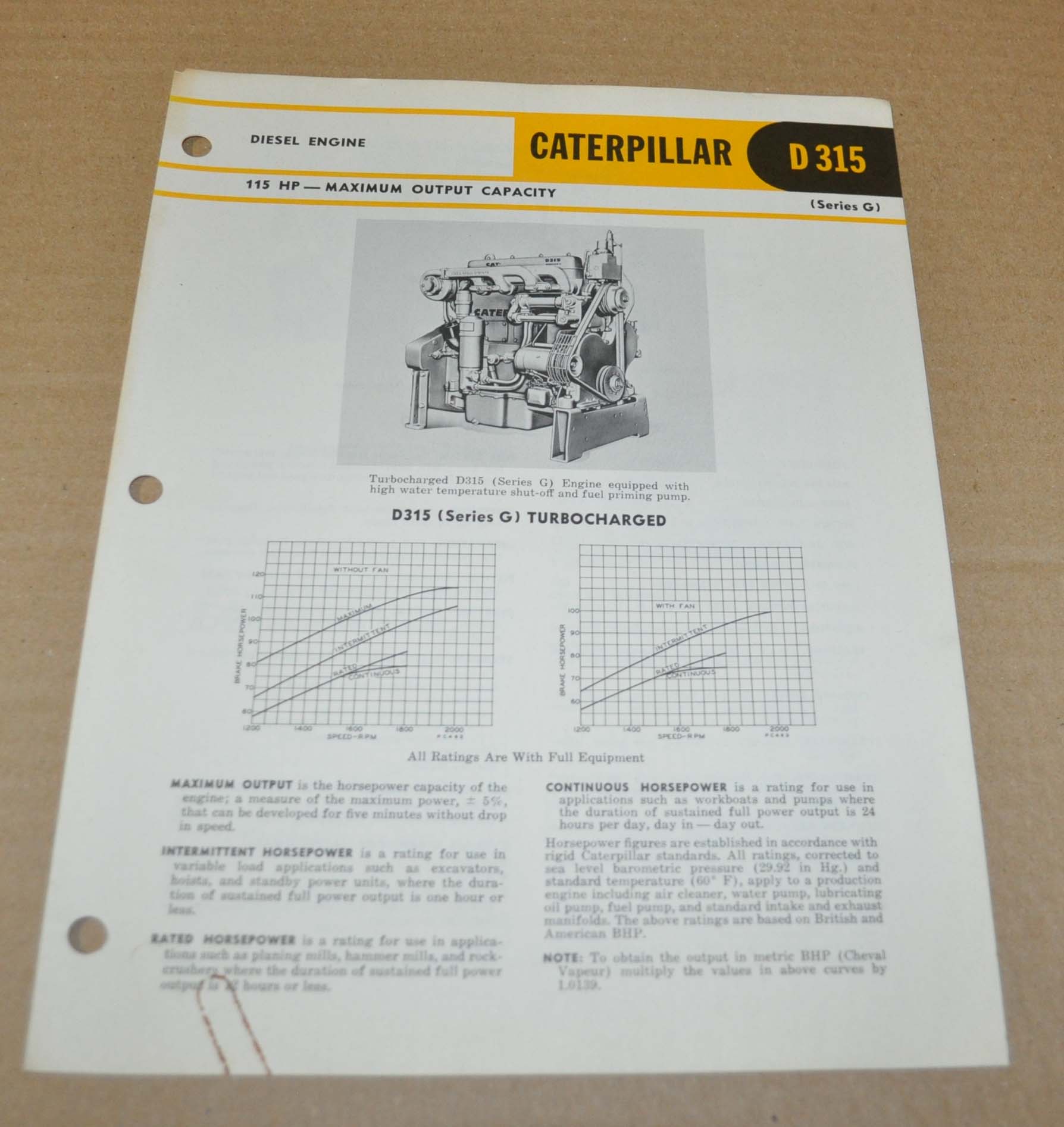 1958 Caterpillar D315 115 HP Diesel Engine Specification Brochure ...