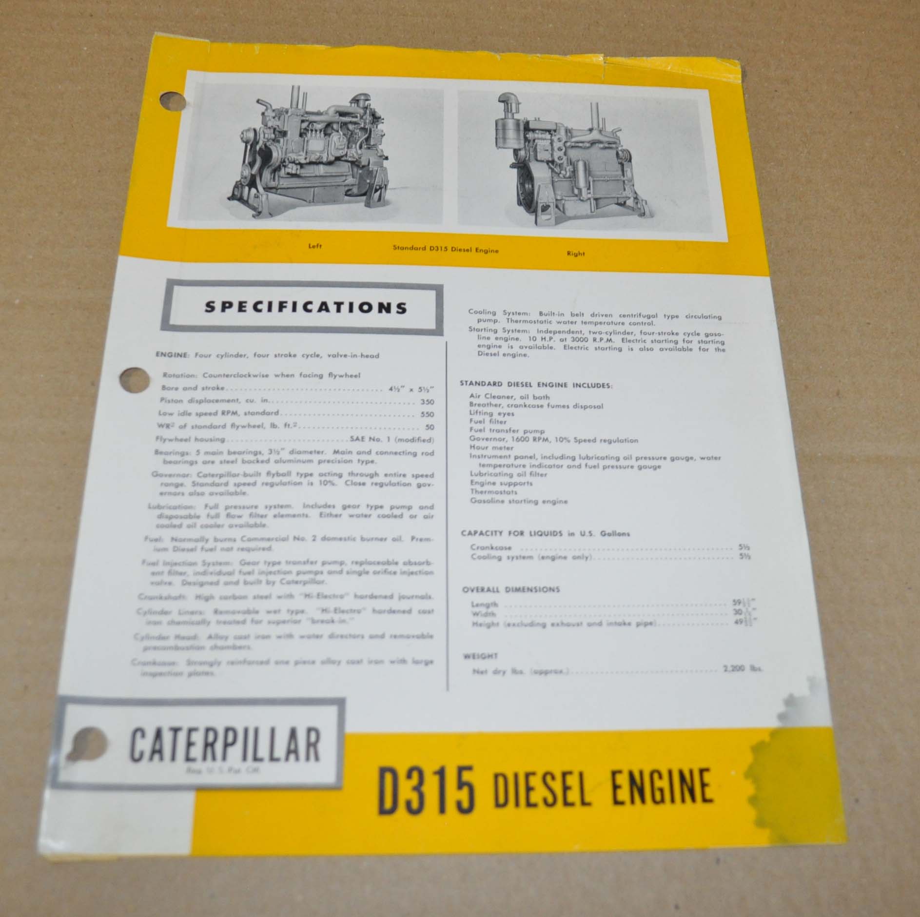 1953 Caterpillar D315 Diesel Engine Specification Brochure Prospekt ...