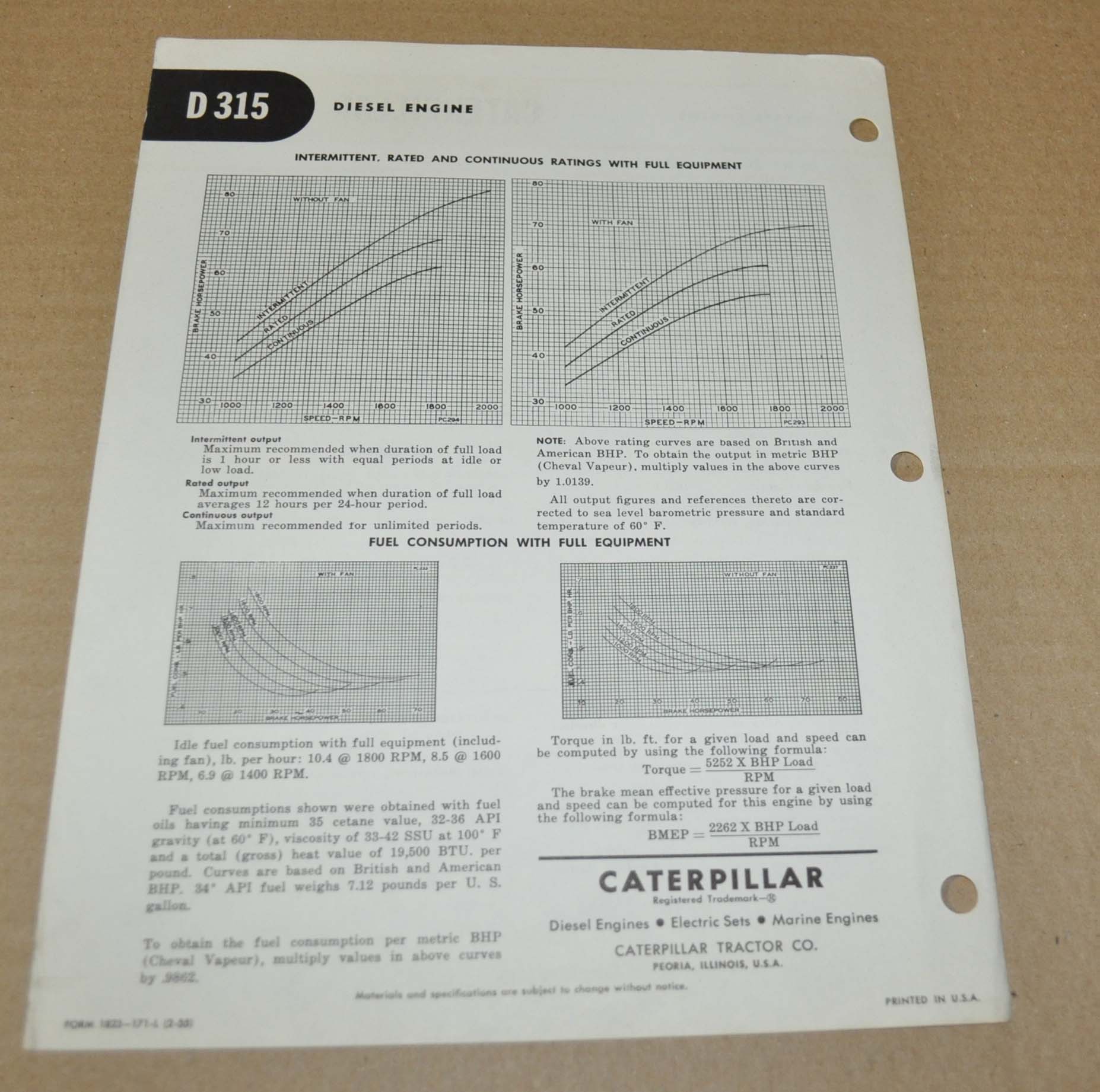 1955 Caterpillar D315 82 HP Diesel Electric Set Engine Specification ...