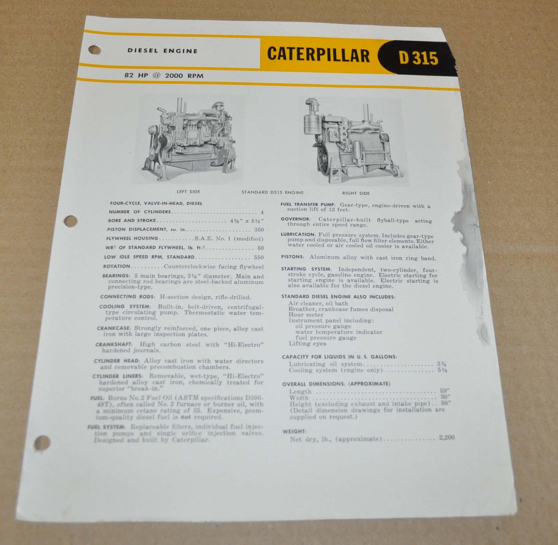 1955 Caterpillar D315 82 HP Diesel Electric Set Engine Specification ...