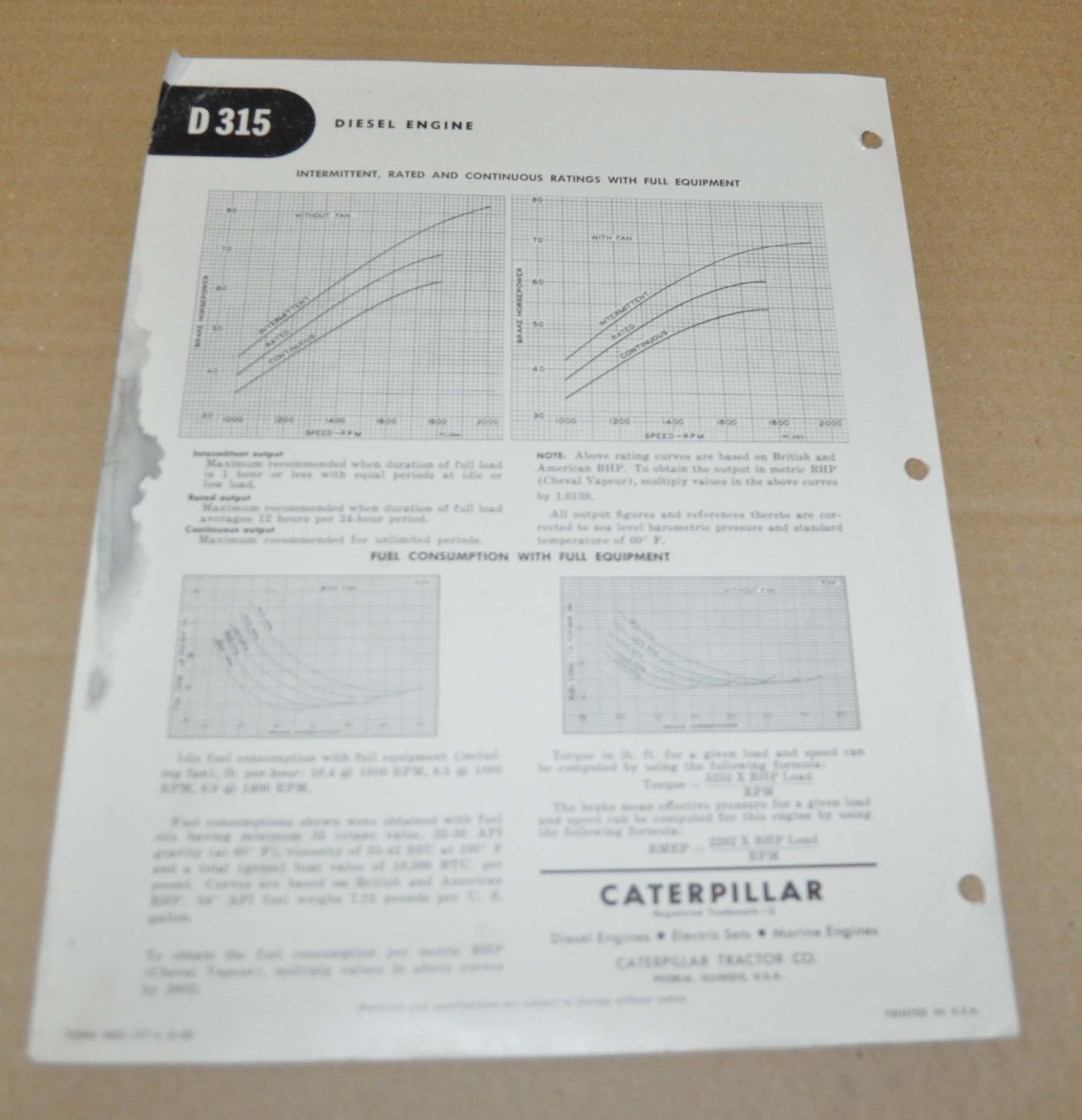 1955 Caterpillar D315 82 HP Diesel Electric Set Engine Specification ...