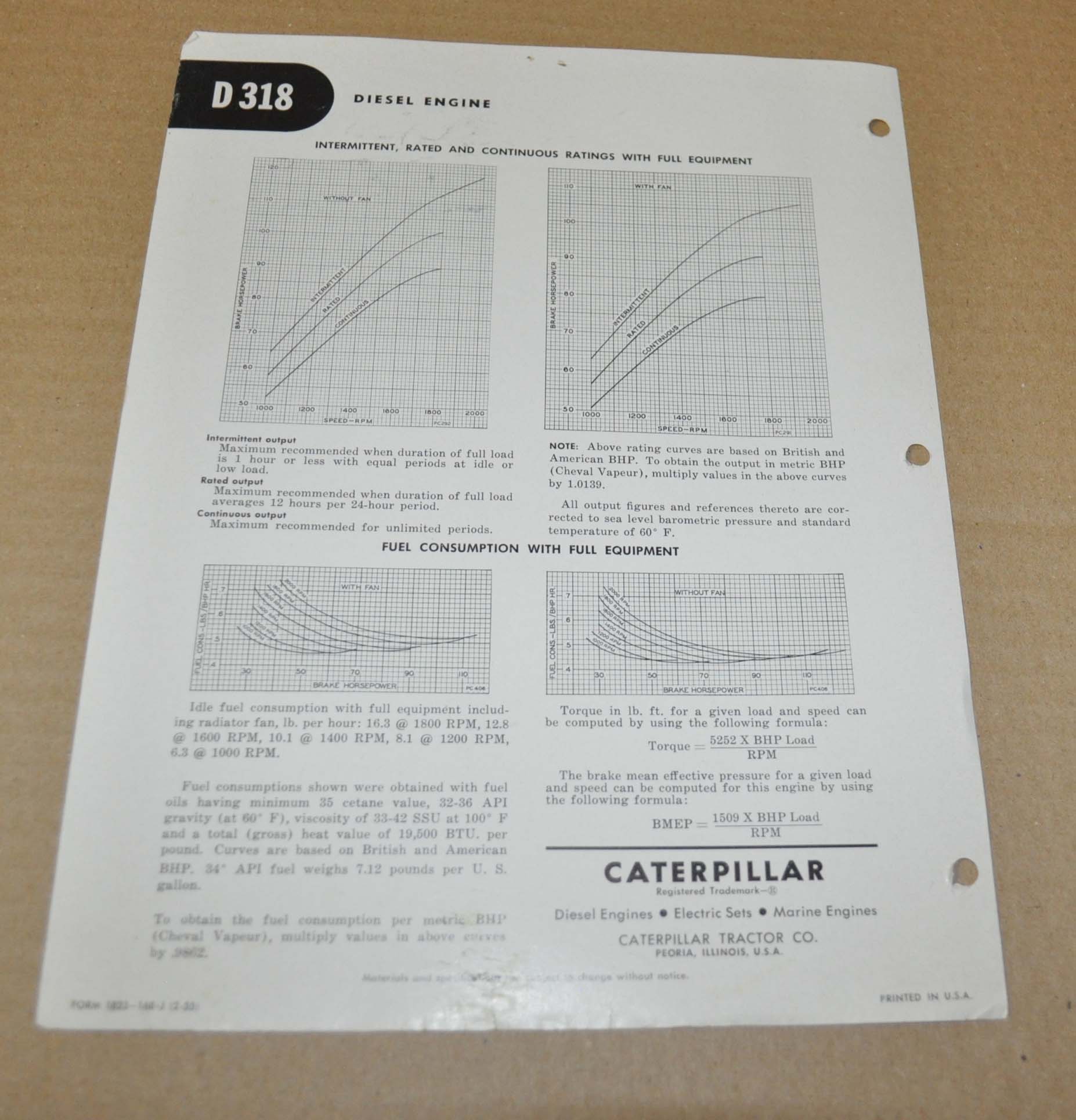 1955 Caterpillar D318 119 HP Diesel Engine Specification Brochure ...